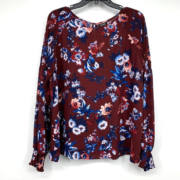 a.n.a | Tops | Ana Top Burgundy Floral Print Smocked Long Sleeve Blouse ...